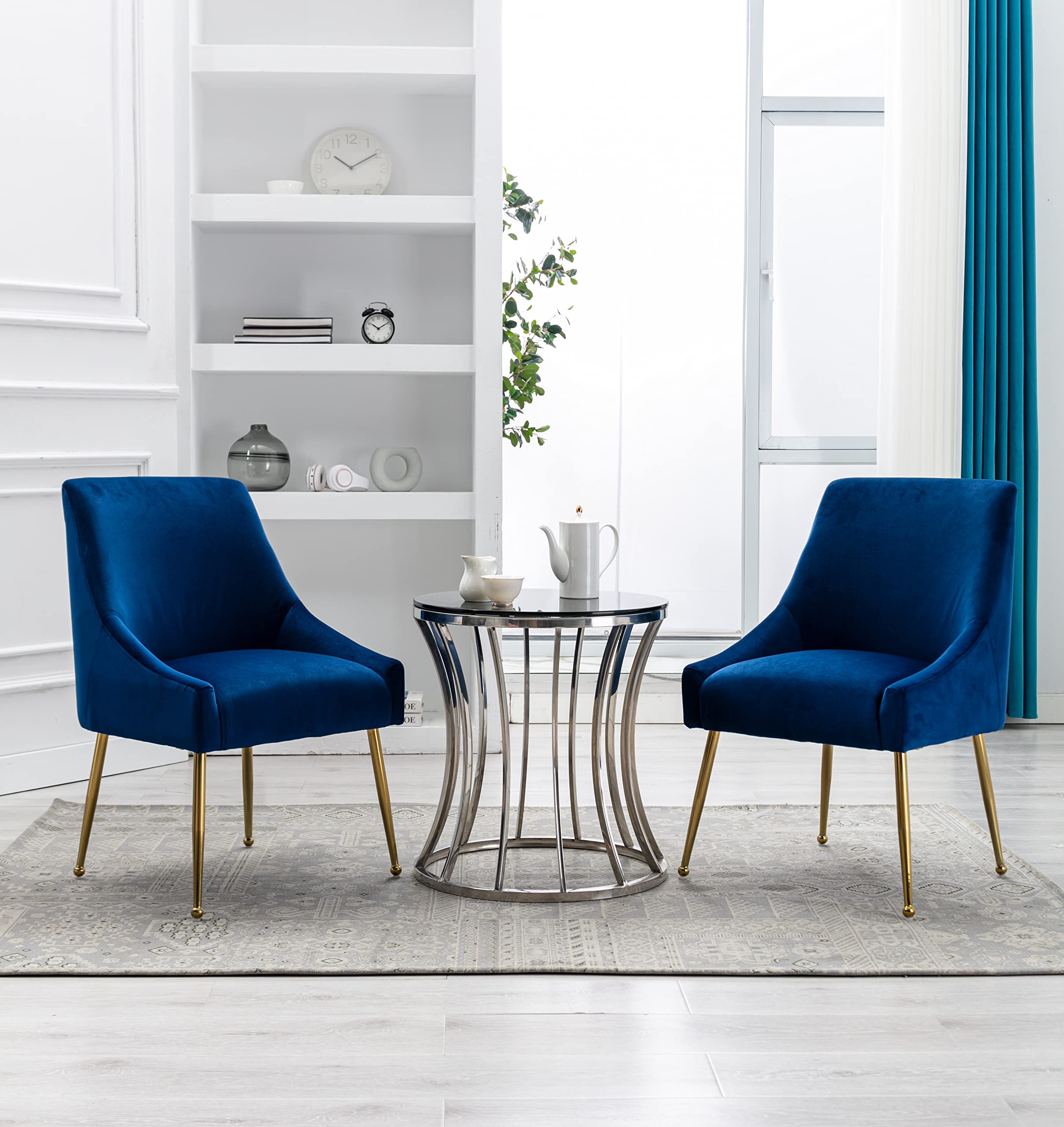 Restworld Velvet Dining Chairs Set of 2, Furniture Collection Modern Contemporary Upholstered with Polished Gold Metal Legs(Blue)