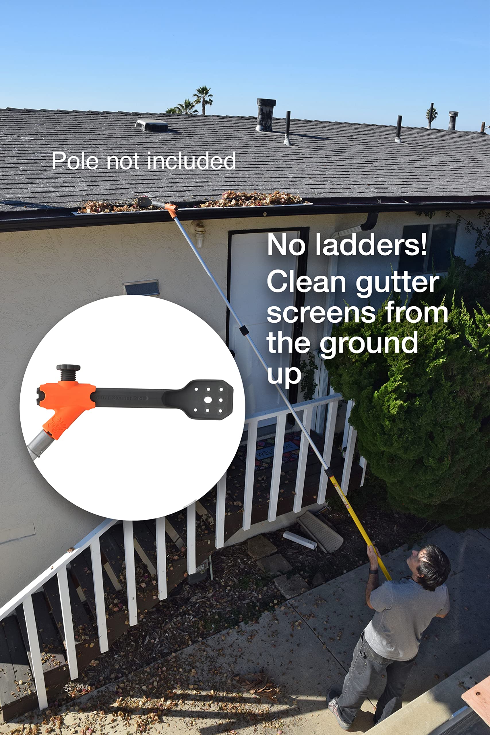 MCCAULEY GUTTER CLEANER PRO, gutter cleaning from The ground, PLUS clean from roof and ladder, and clean off gutter guards from The ground.