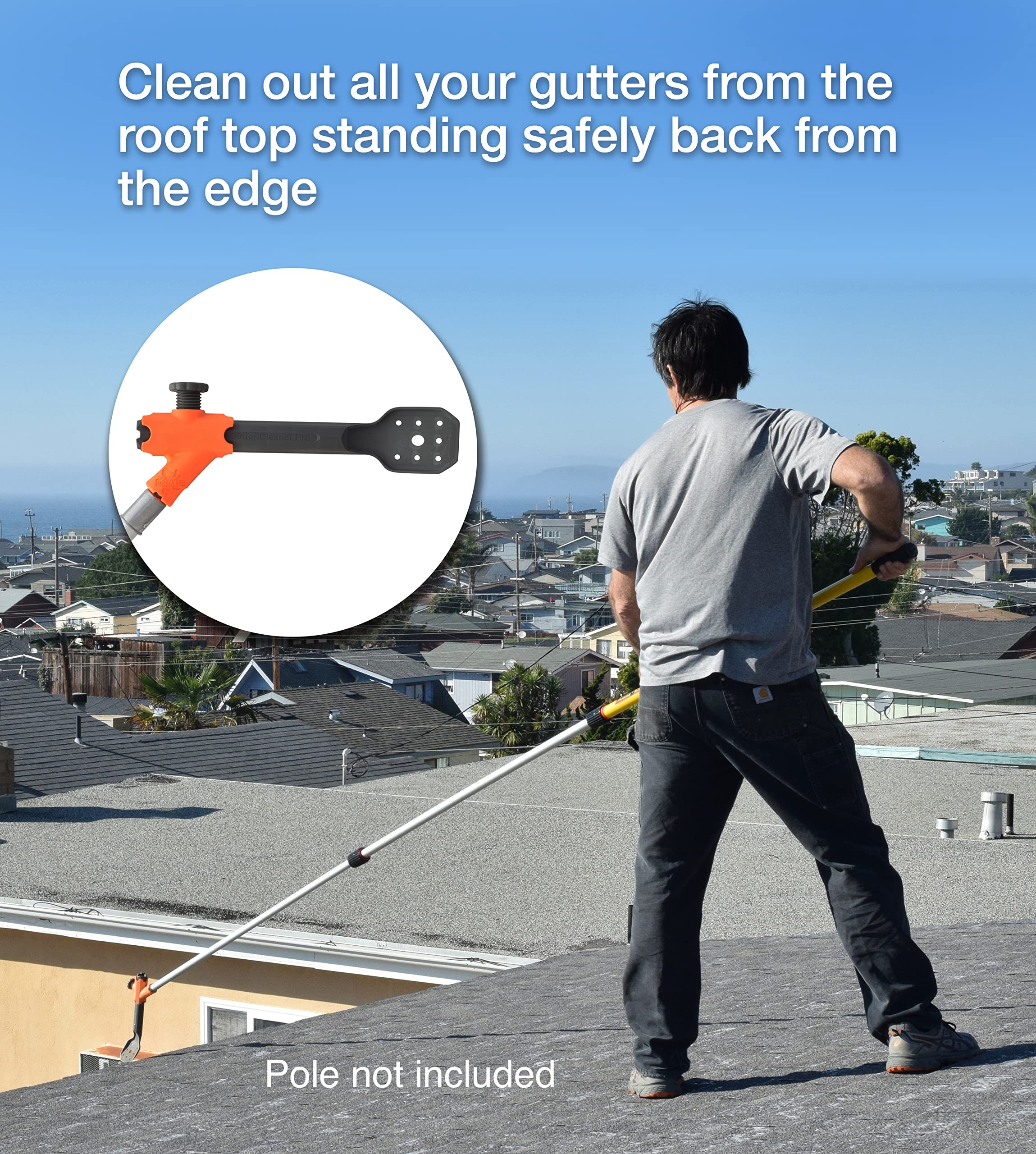 MCCAULEY GUTTER CLEANER PRO, gutter cleaning from The ground, PLUS clean from roof and ladder, and clean off gutter guards from The ground.