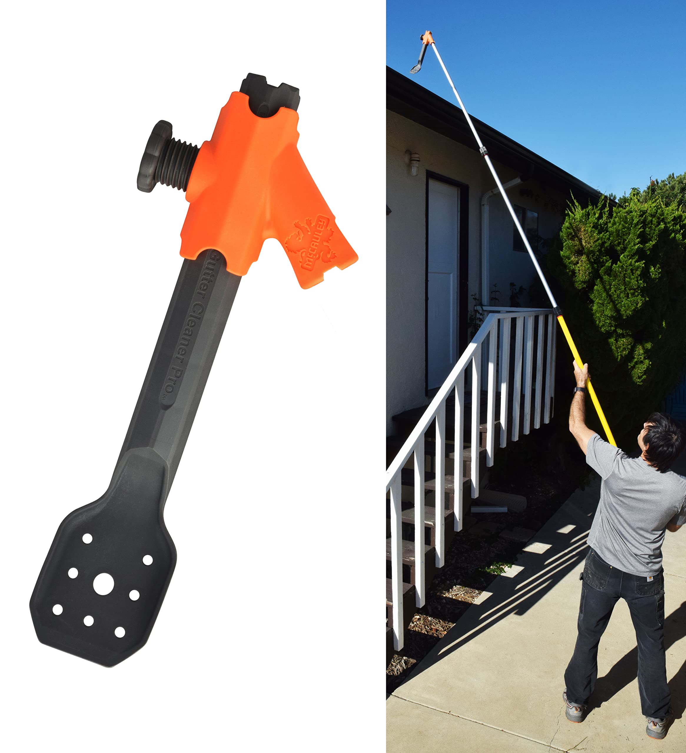 MCCAULEY GUTTER CLEANER PRO, gutter cleaning from The ground, PLUS clean from roof and ladder, and clean off gutter guards from The ground.