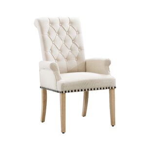 restworld dining room chairs with arms,tufted upholstered high back nailed trim with untique oak wood legs for kitchen restaurant room bedroom (beige)