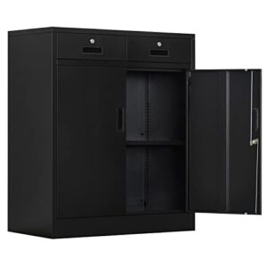 cjf metal storage cabinet with 2 doors and 2 locking drawers, storage cabinets for office/home/garage 36.2" h x 31.5" w x 15.7" d (black)