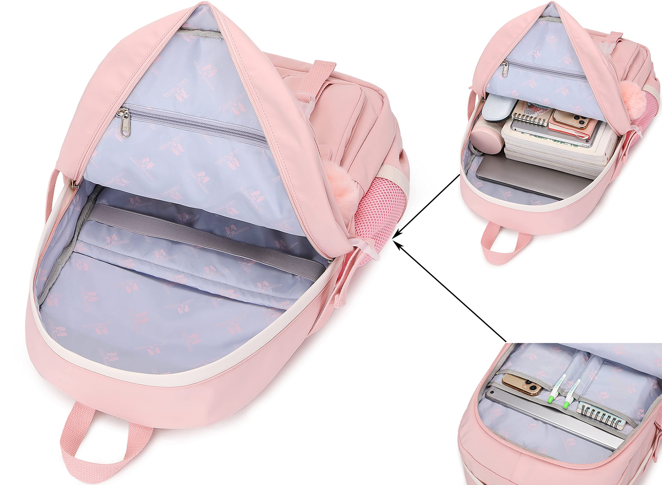 Classic Diamond School Backpack for Girls Laptop Backpack Cute Bookbag Kawaii School Bag Anime College Backpack for Teens Girls Student (Pink)