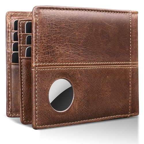 Swallowmall AirTag Wallet Men RFID Blocking Genuine Leather Bifold Mens Wallet For AirTag 1 ID Window 15 Card Holders with Box (Airtag Not included)