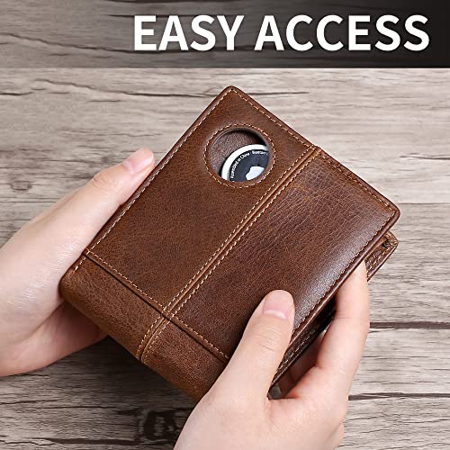 Swallowmall AirTag Wallet Men RFID Blocking Genuine Leather Bifold Mens Wallet For AirTag 1 ID Window 15 Card Holders with Box (Airtag Not included)