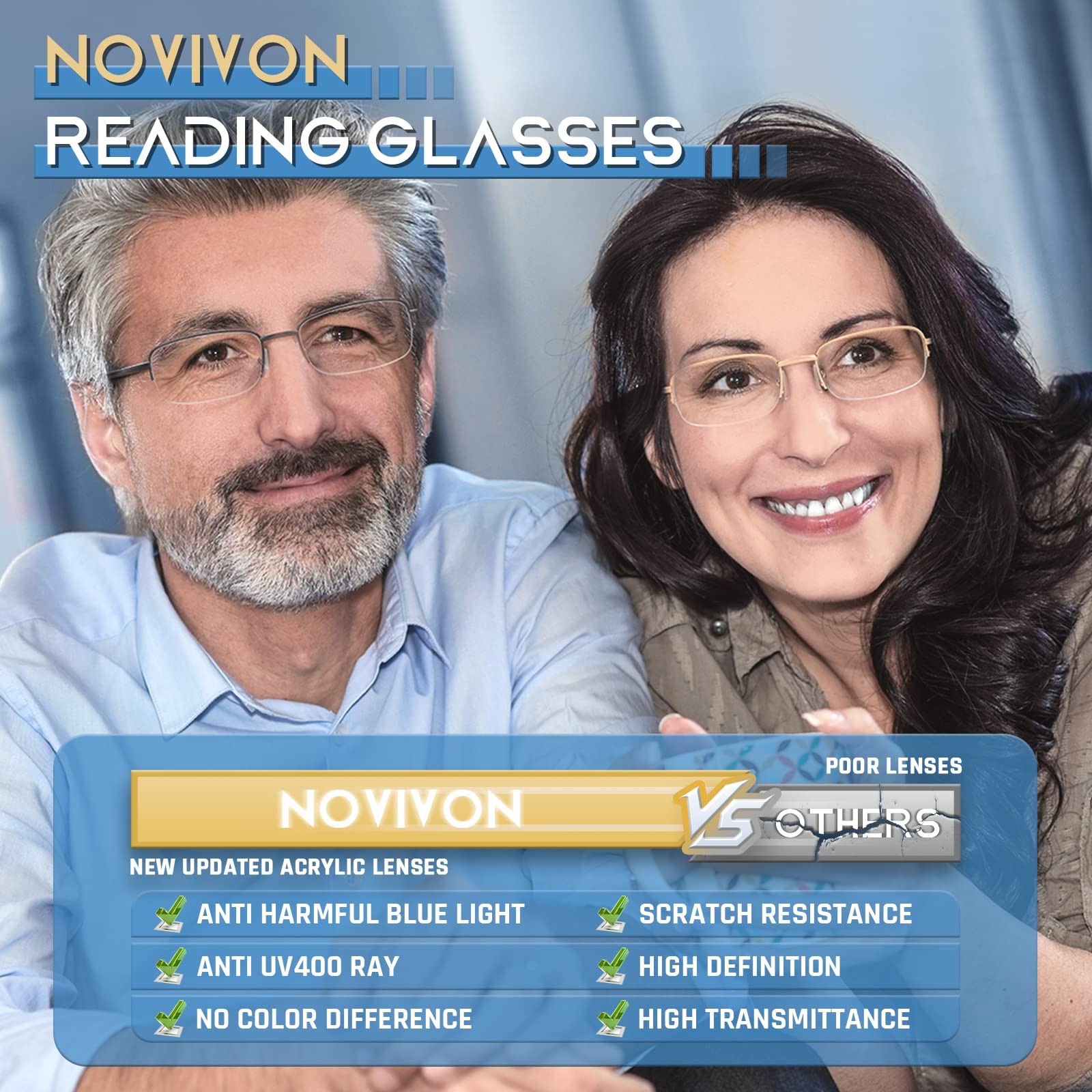 NOVIVON 5 Pack Reading Glasses for Men, Metal Blue Light Blocking Readers with Spring Hinges, Anti Eye Strain Eyeglasses (Gunmetal*2, Gold, Silver, Brown, 2.0)