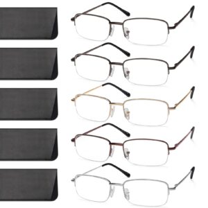 novivon 5 pack reading glasses for men, metal blue light blocking readers with spring hinges, anti eye strain eyeglasses (gunmetal*2, gold, silver, brown, 2.75)