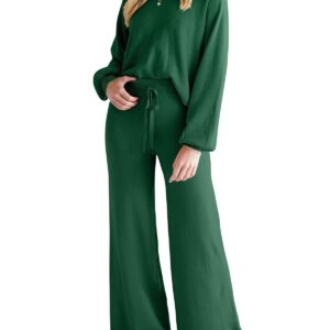 ANRABESS Women’s Two Piece Crop Top & Wide Leg Pants Lounge Sweater Sets 2024 Fall Knit Sweatsuits Cozy Trendy Outfits Deep Green Medium