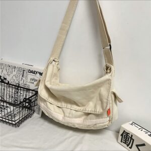 Vintage Canvas Messenger Bag for Men Women Crossbody Bag Satchel Shoulder Bag Harajuku Streetwear (White)