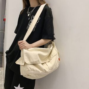 Vintage Canvas Messenger Bag for Men Women Crossbody Bag Satchel Shoulder Bag Harajuku Streetwear (White)