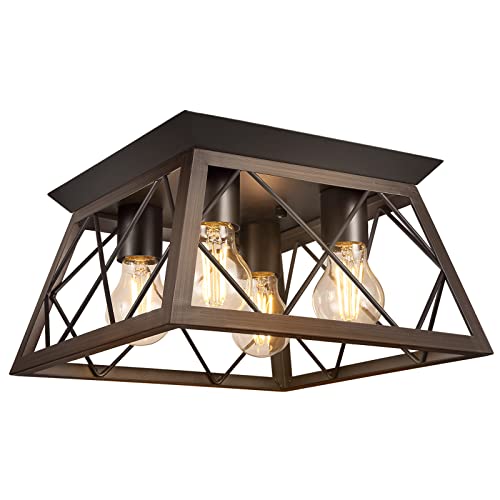 FadimiKoo Flush Mount Ceiling Light Fixtures for Kitchen Hallway, 4-Light Close to Ceiling Lighting, Industrial Farmhouse Square Cage Ceiling Lamp for Dining Room, Living Room, Bulb Not Included