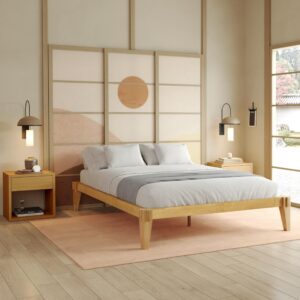 bme chalipa 14” queen bed frame - solid wood platform bed - japanese joinery bed frame - wood slat support - no box spring needed - easy assembly - minimalist & modern style, natural