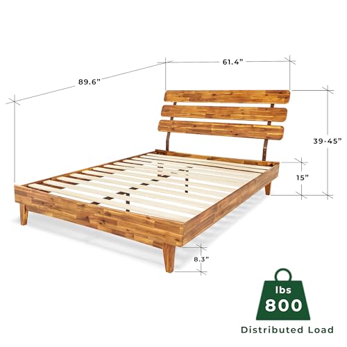 Bme Caden 15 Inch Deluxe Bed Frame with Adjustable Headboard - Mid Century, Retro Style with Acacia Wood - No Box Spring Needed - 12 Strong Wood Slat Support - Easy Assembly - Caramel, Queen