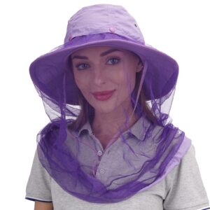 ushake head net hat, safari hat sun hat bucket hat with hidden net mesh light purple