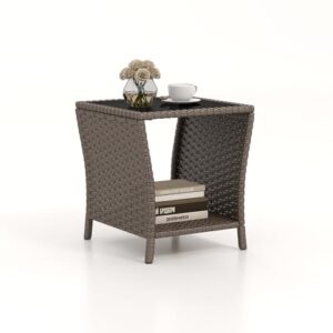 fizzeey outdoor side table - outdoor wicker end side tables for patio with storage shelf, brown