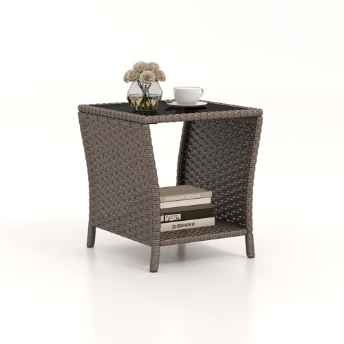 FIZZEEY Outdoor Side Table - Outdoor Wicker End Side Tables for Patio with Storage Shelf, Brown