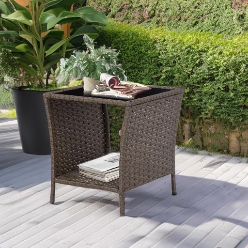 FIZZEEY Outdoor Side Table - Outdoor Wicker End Side Tables for Patio with Storage Shelf, Brown