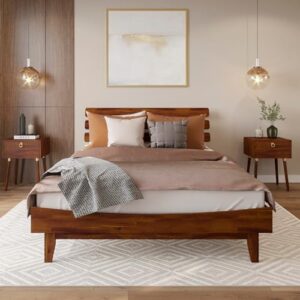 bme caden 15 inch deluxe bed frame with adjustable headboard - mid century, retro style with acacia wood - no box spring needed - 12 strong wood slat support - easy assembly - dark chocolate, queen