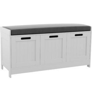 homefort shoe storage bench, wooden shoe bench with 3-door cabinets, entry way home organizer bench, entryway bench with padded cushion seat, white storage bench for bedroom