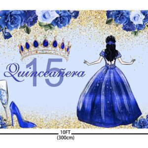 Sendy 10x7ft Quinceanera Backdrop for Girl Happy 15th Birthday Background Blue Flowers High Heels Crown Princess Birthday Party Decorations Photography Props Banner