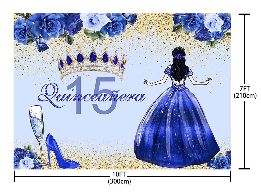 Sendy 10x7ft Quinceanera Backdrop for Girl Happy 15th Birthday Background Blue Flowers High Heels Crown Princess Birthday Party Decorations Photography Props Banner