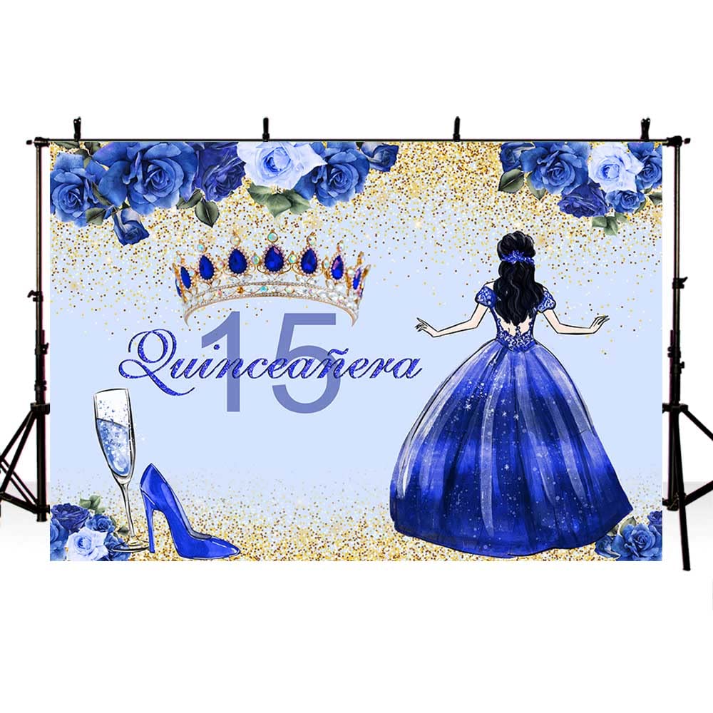 Sendy 10x7ft Quinceanera Backdrop for Girl Happy 15th Birthday Background Blue Flowers High Heels Crown Princess Birthday Party Decorations Photography Props Banner