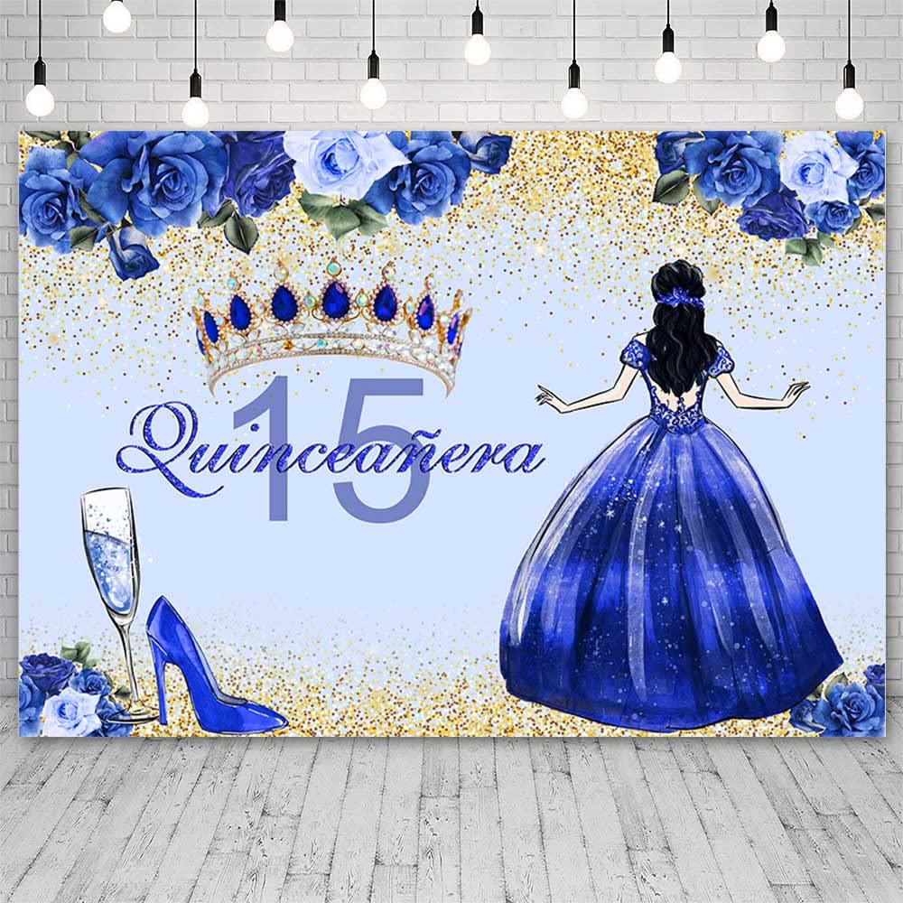 Sendy 10x7ft Quinceanera Backdrop for Girl Happy 15th Birthday Background Blue Flowers High Heels Crown Princess Birthday Party Decorations Photography Props Banner