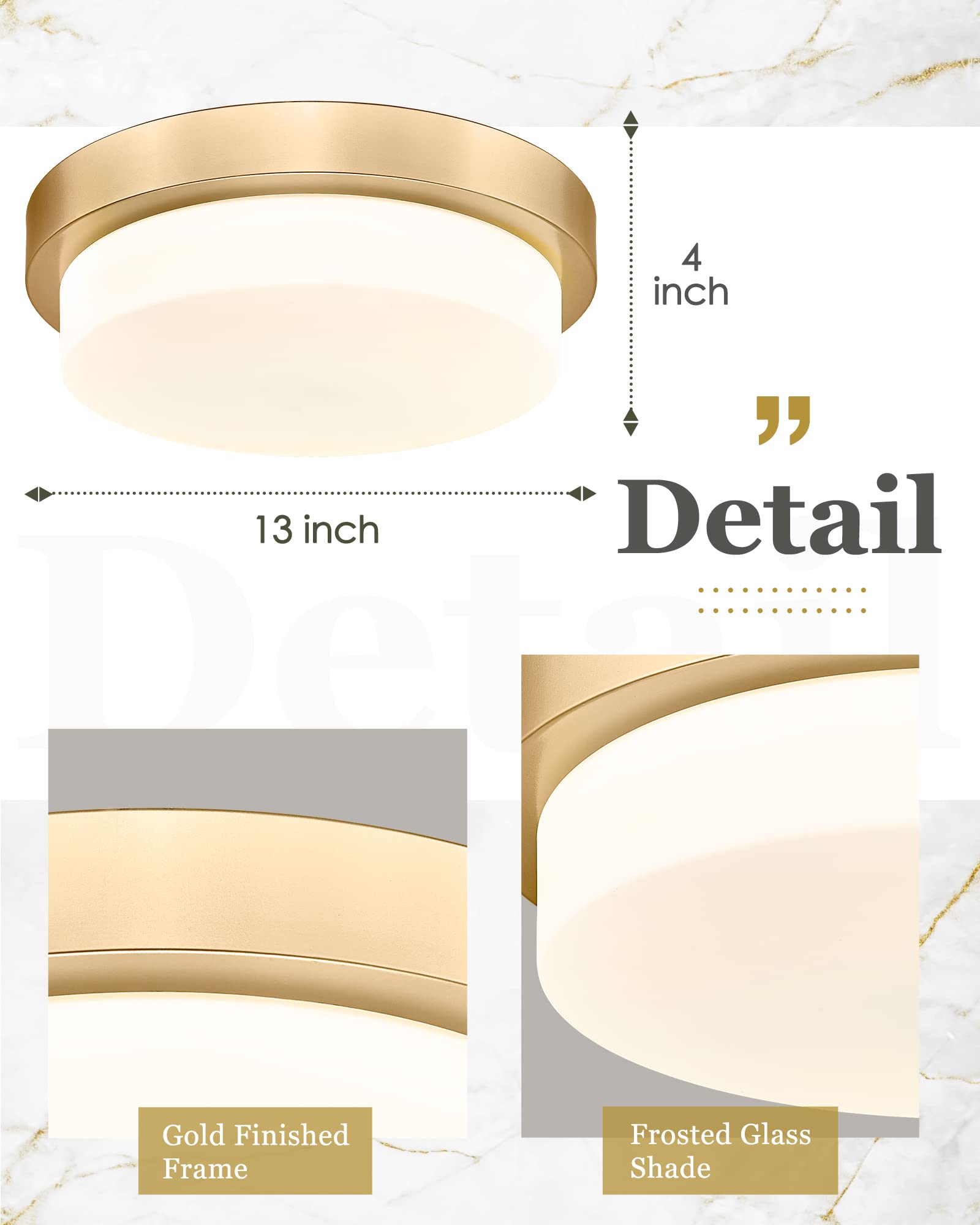 Audickic Gold Flush Mount Ceiling Light, 13inch Close to Ceiling Light Fixtures 24W 2200lm Dimmable 2700K/3000K/4000K/5000K/6000K Brass LED Ceiling Lamp for Bedroom Hallway Kitchen, AD-22008-L-GD