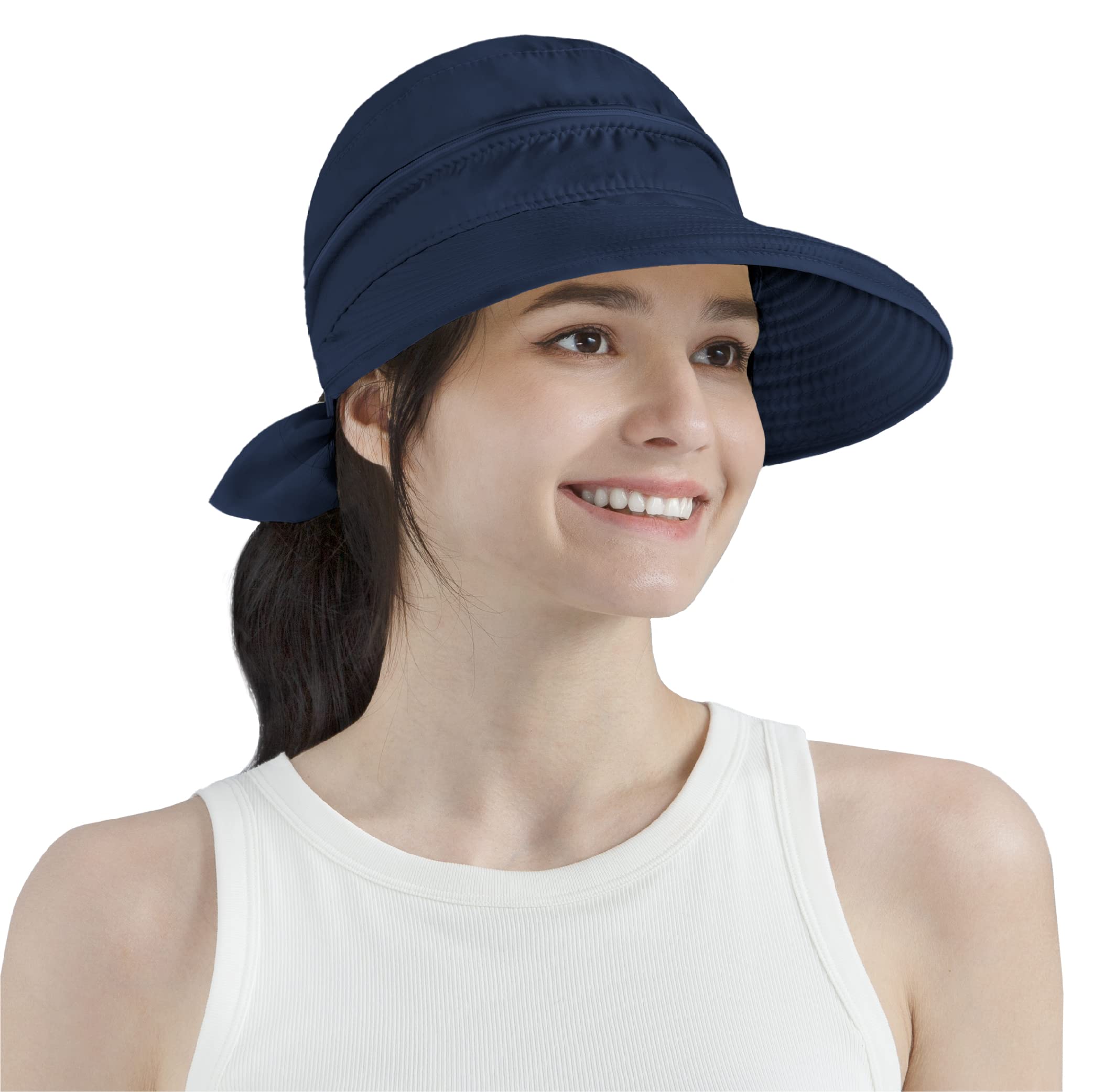 SUN CUBE Women Sun Hat for Outdoor UV Protection, Wide Brim Sun Hat Ponytail, Convertible Zip-Off Beach Hat Visor for Golf Gardening Pool Travel, Foldable Summer UPF50+ Visor Hat, Navy