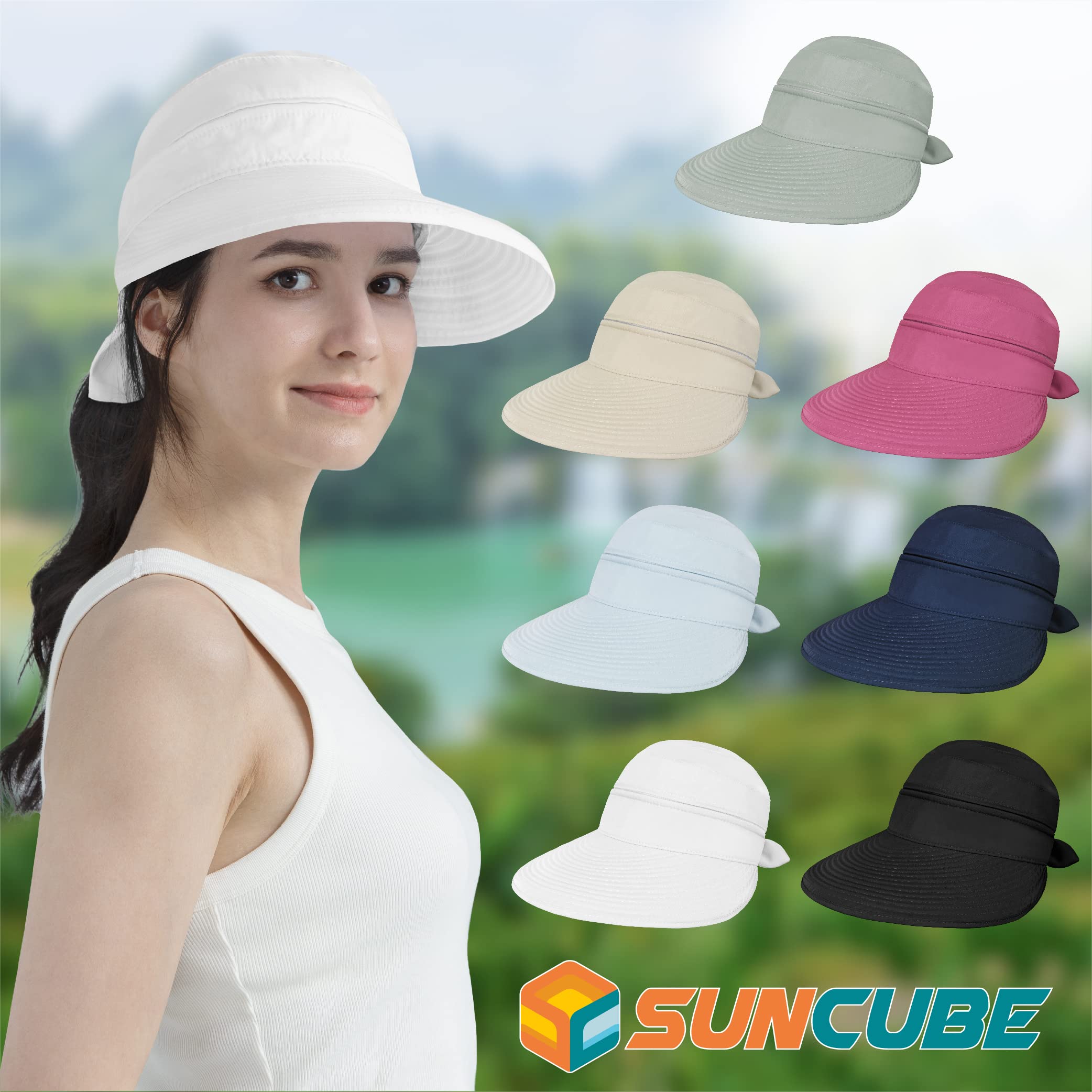 SUN CUBE Women Sun Hat for Outdoor UV Protection, Wide Brim Sun Hat Ponytail, Convertible Zip-Off Beach Hat Visor for Golf Gardening Pool Travel, Foldable Summer UPF50+ Visor Hat, Navy