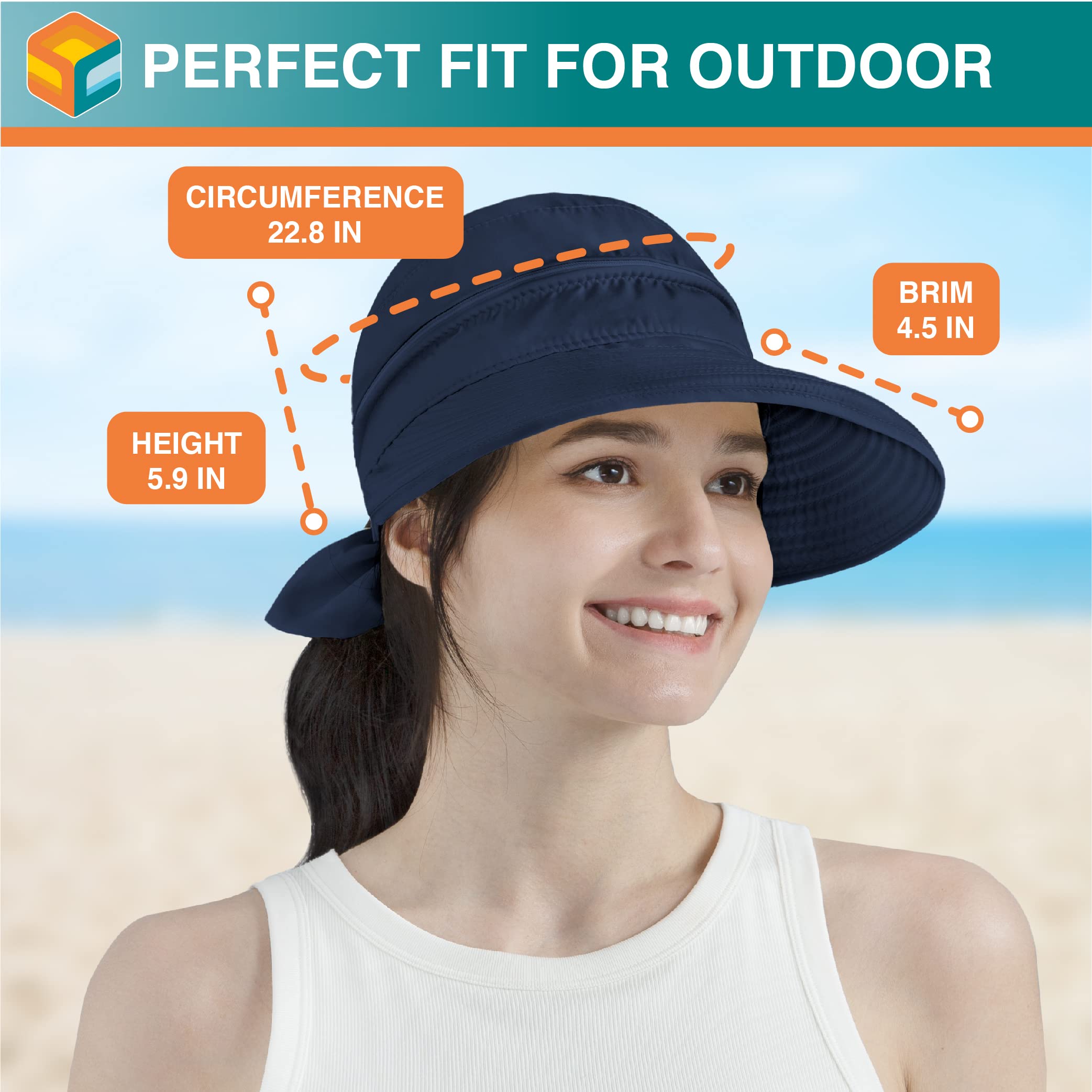 SUN CUBE Women Sun Hat for Outdoor UV Protection, Wide Brim Sun Hat Ponytail, Convertible Zip-Off Beach Hat Visor for Golf Gardening Pool Travel, Foldable Summer UPF50+ Visor Hat, Navy