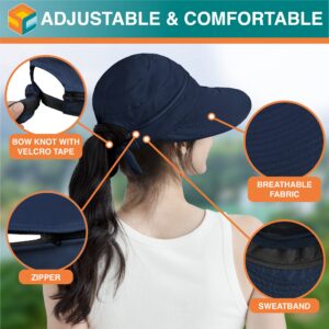 SUN CUBE Women Sun Hat for Outdoor UV Protection, Wide Brim Sun Hat Ponytail, Convertible Zip-Off Beach Hat Visor for Golf Gardening Pool Travel, Foldable Summer UPF50+ Visor Hat, Navy