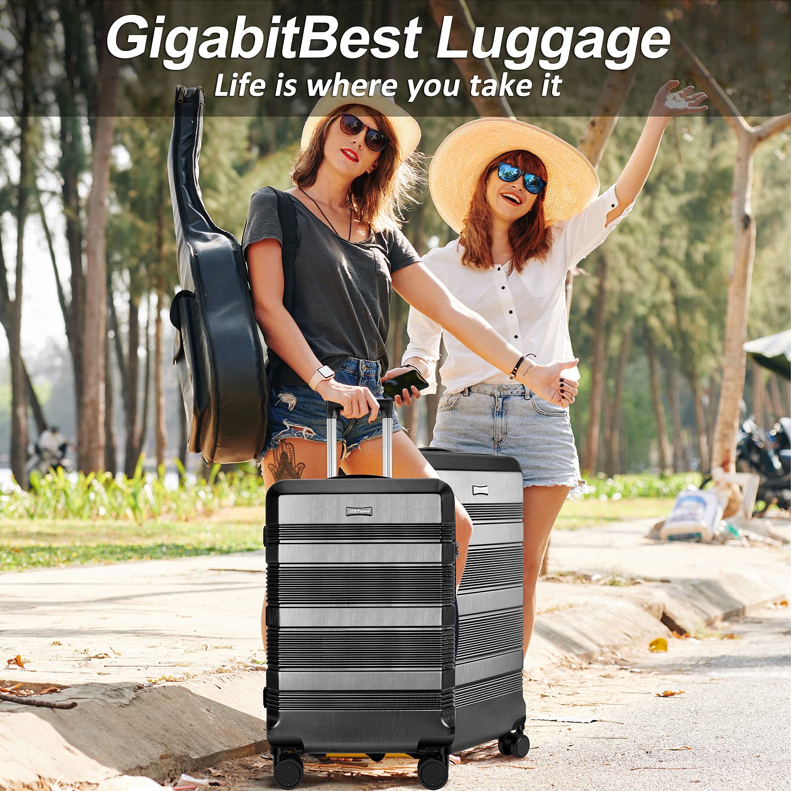 GigabitBest Luggage Sets Clearance Spinner Wheels Suitcase 3 Piece Set PC+ABS with TSA Lock Carry on Hardshell Lightweight 20in 24in 28in, Black