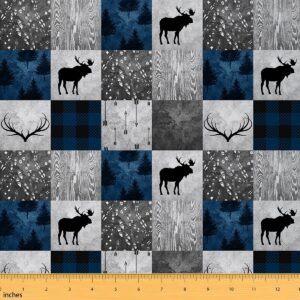 deer fabric by the yard,buffalo plaid check upholstery fabric cabin lodge decorative fabric for quilting sewing, wild animal elk antler christmas deer patchwork fabric blue grey 2 yards