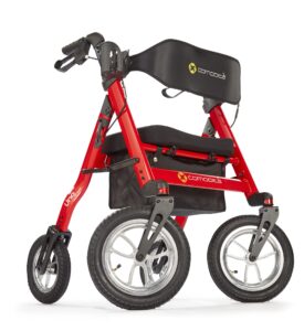 comodità uno all terrain rolling walker with pneumatic tires, wheeled rollator with orthopedic extra wide seat and brakes for adults and seniors, easy folding, 4 wheel, modena red