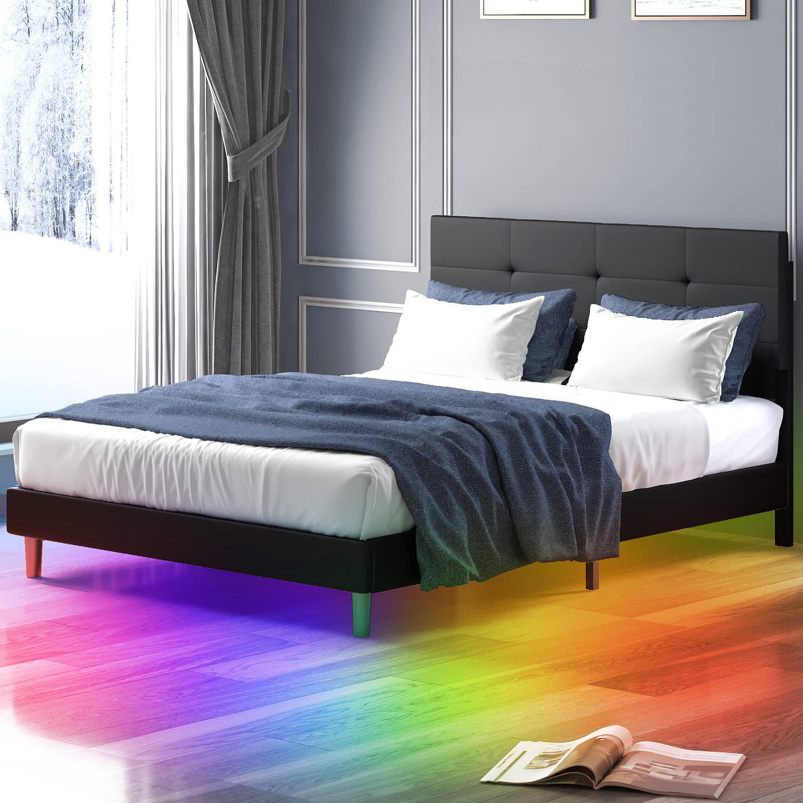 Mjkone Queen Size Bed Frame with Smart RGB LED Lights Button Tufted Headboard PVC Fabric Upholstered Platform No Box Spring Needed - Black