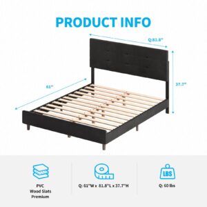 Mjkone Queen Size Bed Frame with Smart RGB LED Lights Button Tufted Headboard PVC Fabric Upholstered Platform No Box Spring Needed - Black