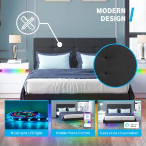 Mjkone Queen Size Bed Frame with Smart RGB LED Lights Button Tufted Headboard PVC Fabric Upholstered Platform No Box Spring Needed - Black