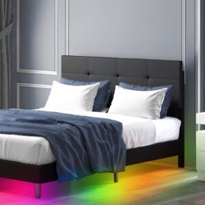 Mjkone Queen Size Bed Frame with Smart RGB LED Lights Button Tufted Headboard PVC Fabric Upholstered Platform No Box Spring Needed - Black