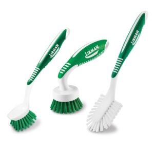 libman green & white cleaning brush kit, 3-piece set, all-purpose brushes for kitchen, basins, sinks, dishwashers