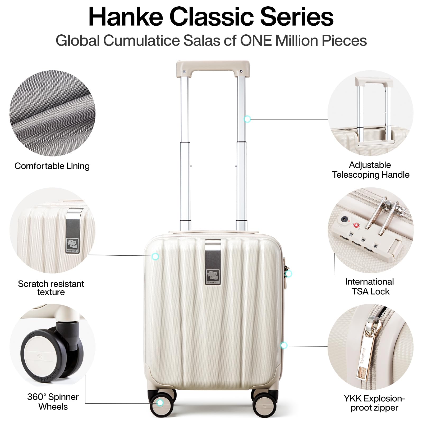 Hanke 14 Inch Underseat Carry On Luggage with Wheels, Lightweight, Waterproof, TSA-Approved, Suitcase, Ivory White