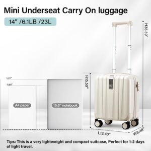 Hanke 14 Inch Underseat Carry On Luggage with Wheels, Lightweight, Waterproof, TSA-Approved, Suitcase, Ivory White