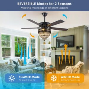 Crystal Ceiling Fan Fandelier with Lights - Modern Outdoor Fans with Remote Control，Noiseless AC Motor, Retro/Farmhouse Lighting, Dining Room， Living Room (52"