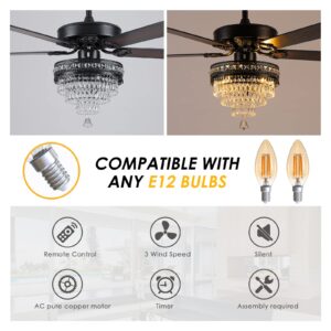 Crystal Ceiling Fan Fandelier with Lights - Modern Outdoor Fans with Remote Control，Noiseless AC Motor, Retro/Farmhouse Lighting, Dining Room， Living Room (52"