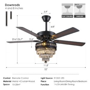 Crystal Ceiling Fan Fandelier with Lights - Modern Outdoor Fans with Remote Control，Noiseless AC Motor, Retro/Farmhouse Lighting, Dining Room， Living Room (52"