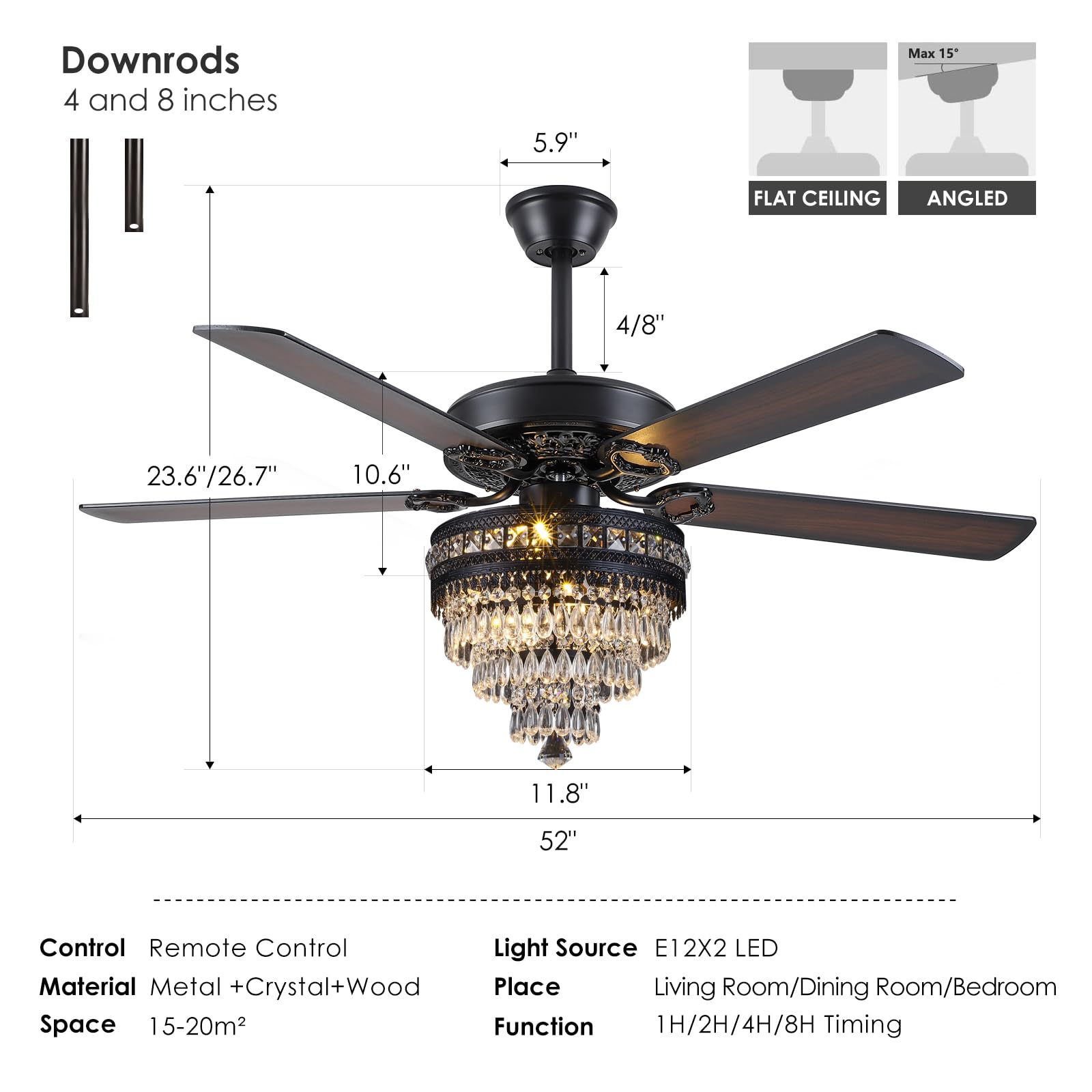 Crystal Ceiling Fan Fandelier with Lights - Modern Outdoor Fans with Remote Control，Noiseless AC Motor, Retro/Farmhouse Lighting, Dining Room， Living Room (52"