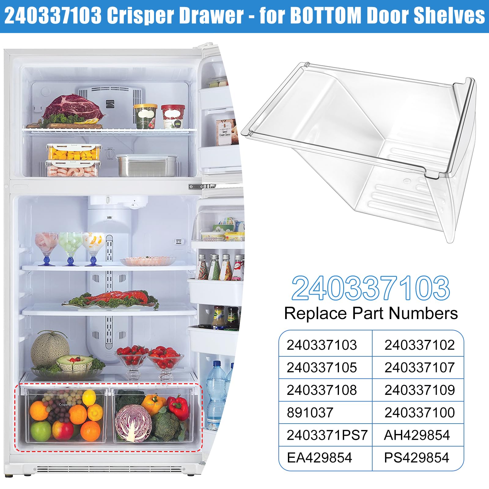 [2 PACK] UPGRADED 240337103 Crisper Bin Drawer Replacement for Frigidaire Kenmore Refrigerator Drawer Replacement, Fridge Drawer for Frigidaire Replacement Drawer Parts AP2115741, 240337100, 240337102