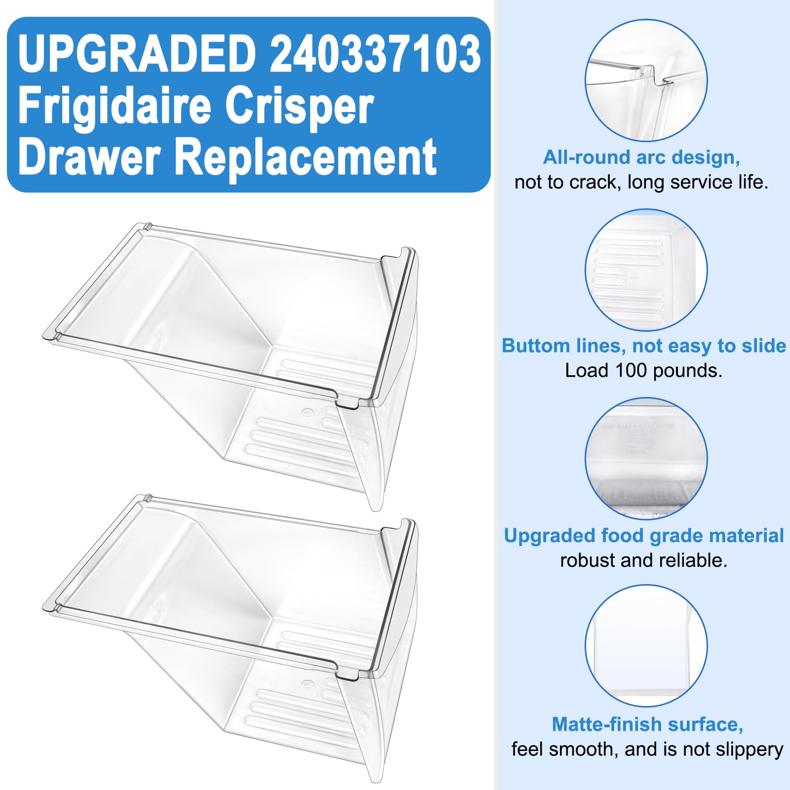 [2 PACK] UPGRADED 240337103 Crisper Bin Drawer Replacement for Frigidaire Kenmore Refrigerator Drawer Replacement, Fridge Drawer for Frigidaire Replacement Drawer Parts AP2115741, 240337100, 240337102