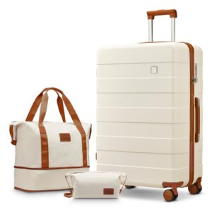 imiomo 28 in large luggage, suitcase with spinner wheels, hardside 3pcs set lightweight rolling travel luggage with tsa lock(28"/beige)