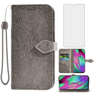 compatible with samsung galaxy a40 wallet case and tempered glass screen protector leather mandala flower flip cover credit card holder stand cell phone cases for glaxay a 40 gaxaly 40a women men gray